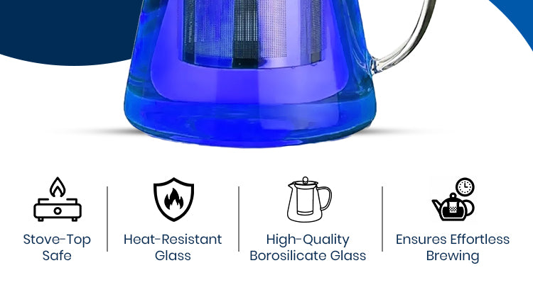 Tall Glass Teapot Kettle with Stainless Steel Infuser & Lid – Blue Tea ...